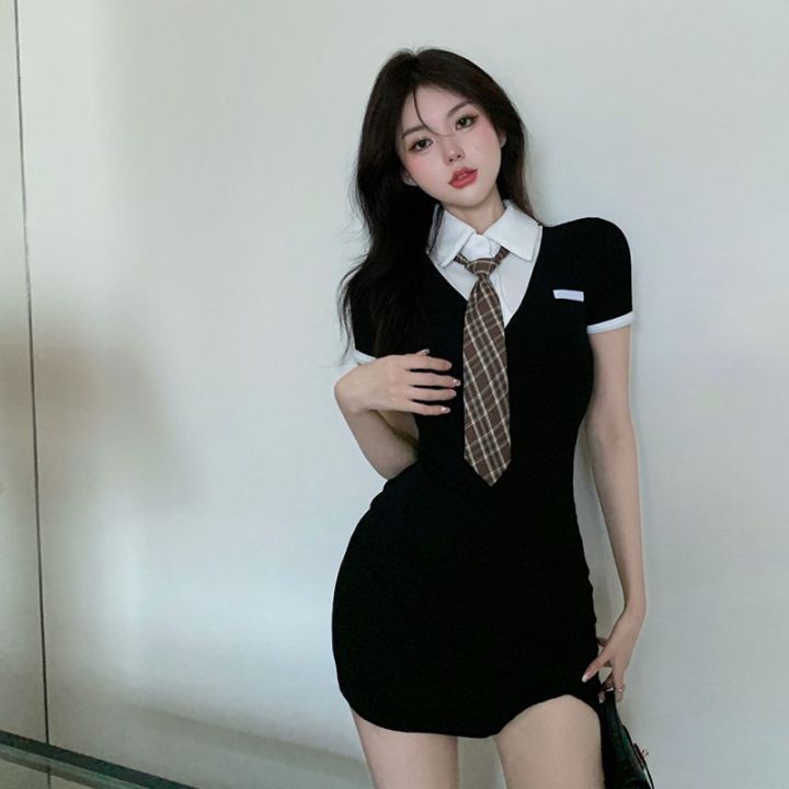 2024 Summer New Preppy Style Fake Two-Piece Waist-Tight Slimming Hip ...