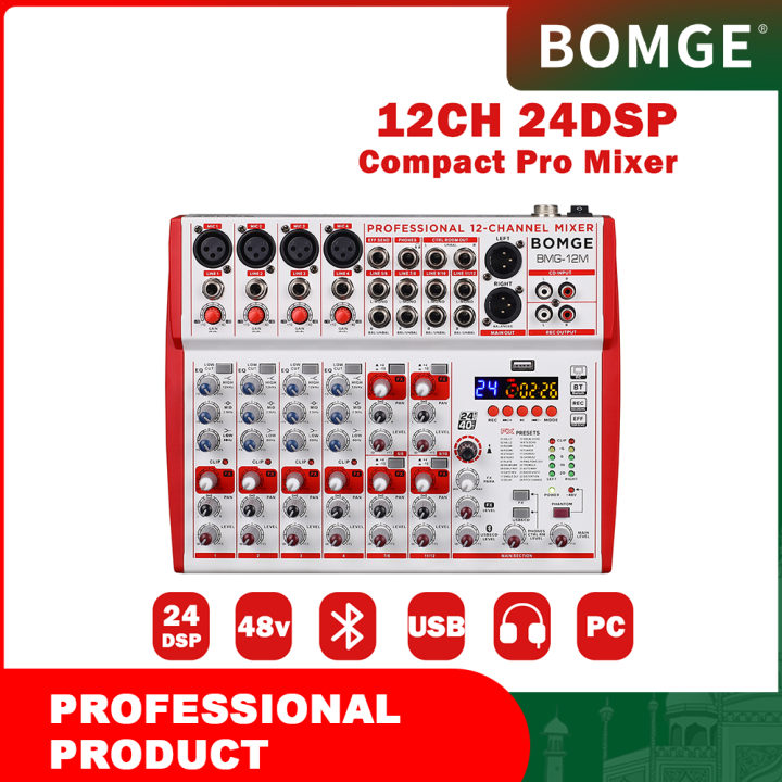 BOMGE 10/12 Input Soundboard Mixer with Mic Compressor, 24DSP, 48V Power Supply, UK EQ and USB ...
