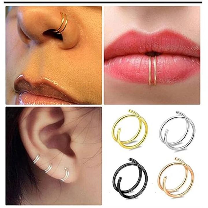 Double Hoop Nose Ring Stainless Steel for Single Piercing, Snug Spiral ...