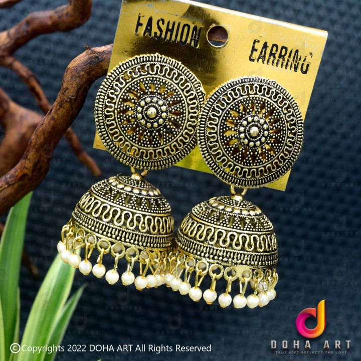 Dull gold Jummikki Earrings With White Pearl For Women Party Wedding ...