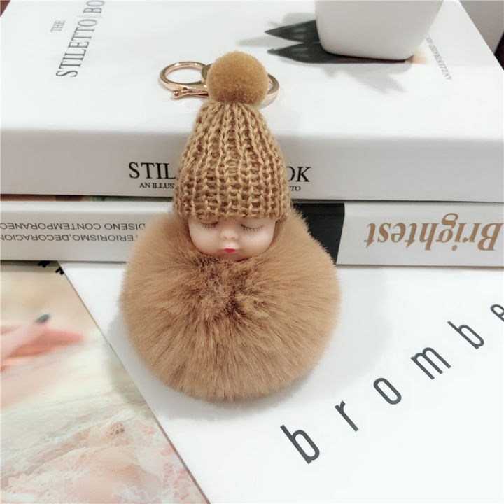 New Pompom sleeping baby keychain cute fluffy Plush doll Keychains ...