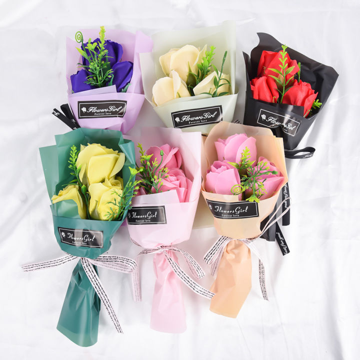 1/3pcs Three Heads Artificial Rose Bouquet Hand Holding Soap Flower ...