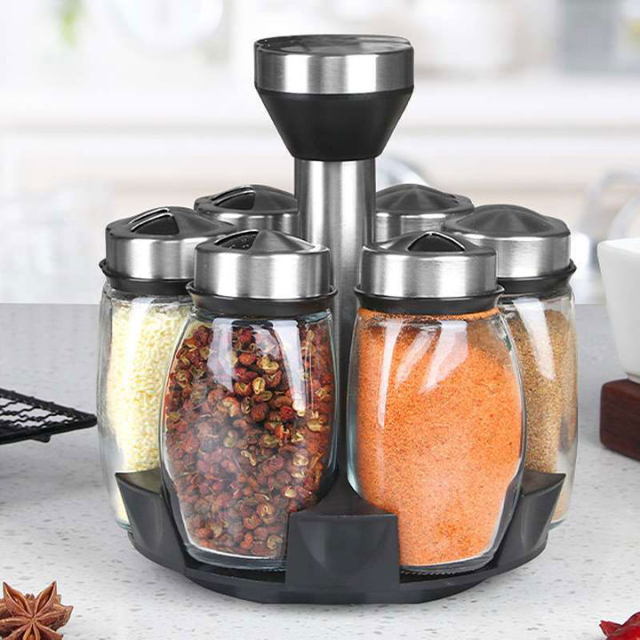1/7pcs Spice Jar Set Rack Glass Organizer Rotating Glass Seasoning ...