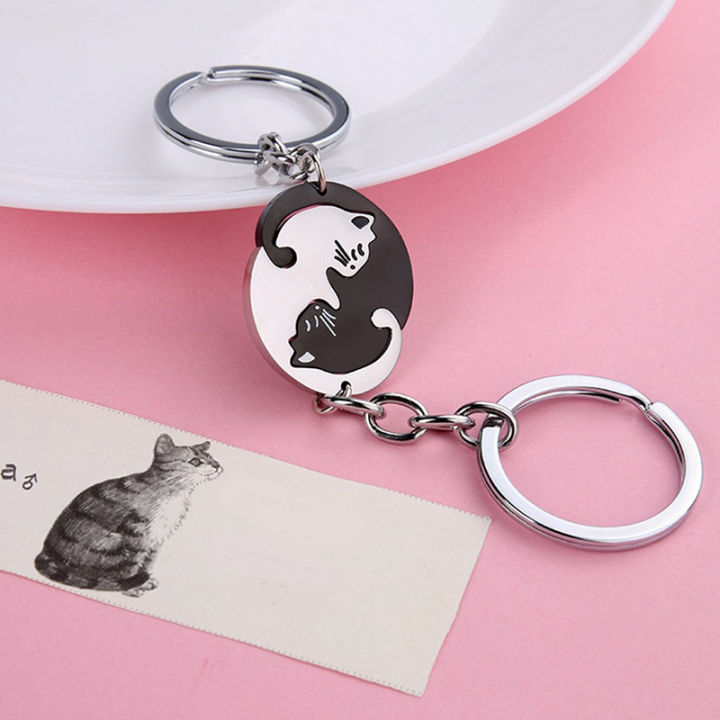1Pair Cute Black Cat Keychain Patchwork Heart Round Couple Lovers ...