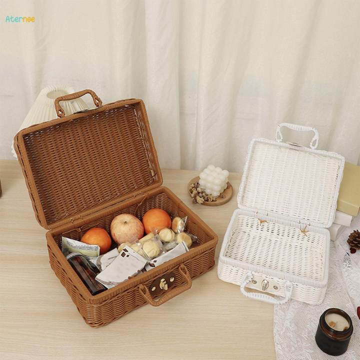 Rural Faux Rattan Picnic Basket Decorative Box Rattan Storage Serving ...