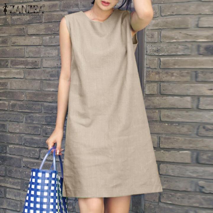 ZANZEA Women Linen Cotton Tank Sundress Sleeveless Round Neck Summer ...