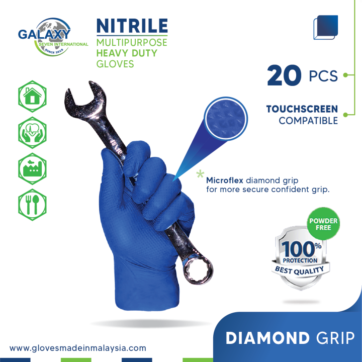 Galaxy Seven Heavy Duty Nitrile Diamond Grip Gloves Blue - Pack (20 Pcs ...