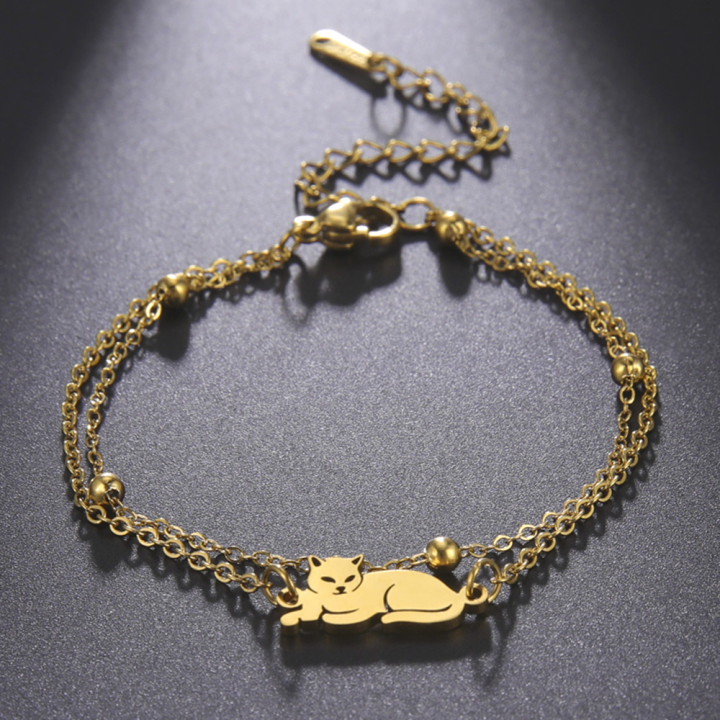 Cazador Lying Cat Stainless Steel Charm Bracelet for Women Cute Animal ...