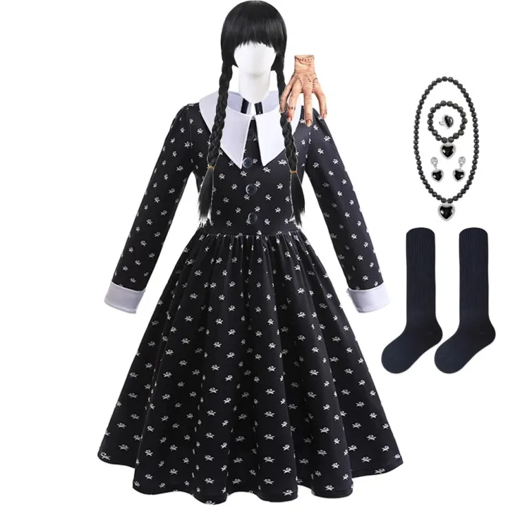 Halloween Gothic Girls Adams Polka Dot Black Dress Long Sleeves Dark ...