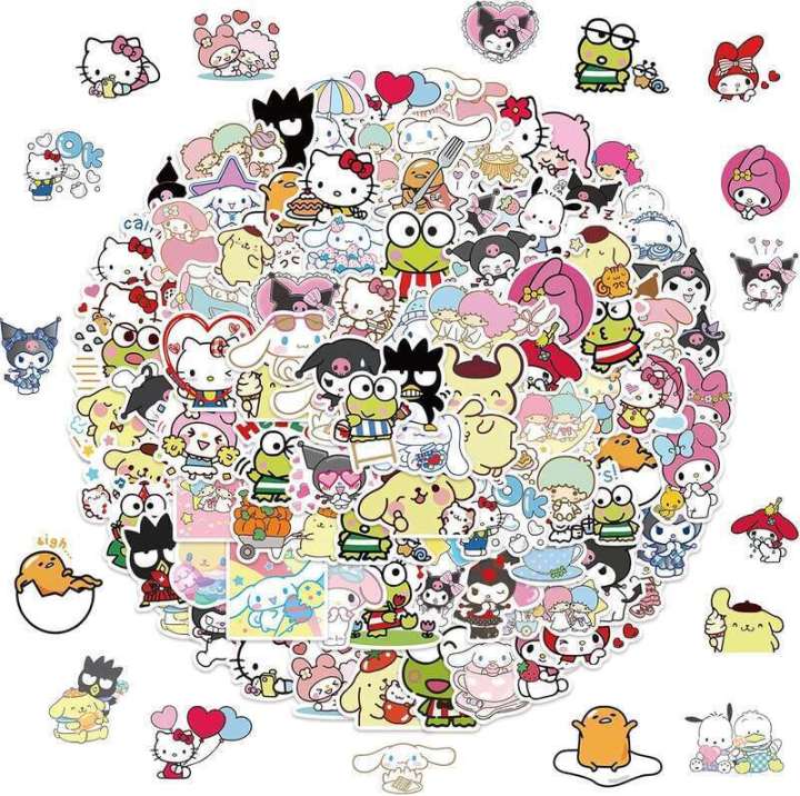 100pcs Sanrio Cartoon Stickers Kids, Kawaii Hello Kitty Melody Kuromi ...