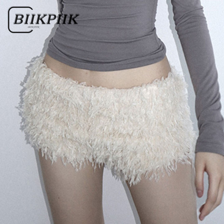 BIIKPIIK Korean Style Plush Hot Shorts For Girls Casual Solid Low Waist Slim Fit Fur Short Pants ...