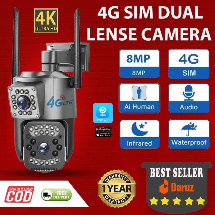 4G dual lens CCTV security camera wireless outdoor 8MP V380 Pro 4G Sim ...