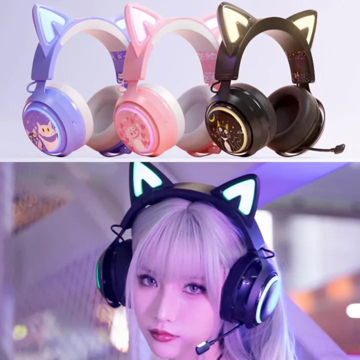 GS510 Pink Cat Ear Headphone With Rgb Led Light Flexible Mic Gaming ...