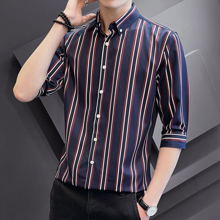 Vertical Striped Ice Silk Shirt Men's Short-Sleeved Spring and Summer ...