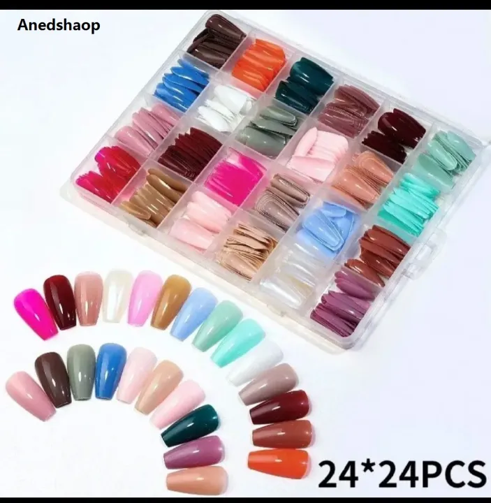 Anedshaop 576 pcs box Colorful Nails Acrylic Full Cover Nail 24 colors ...