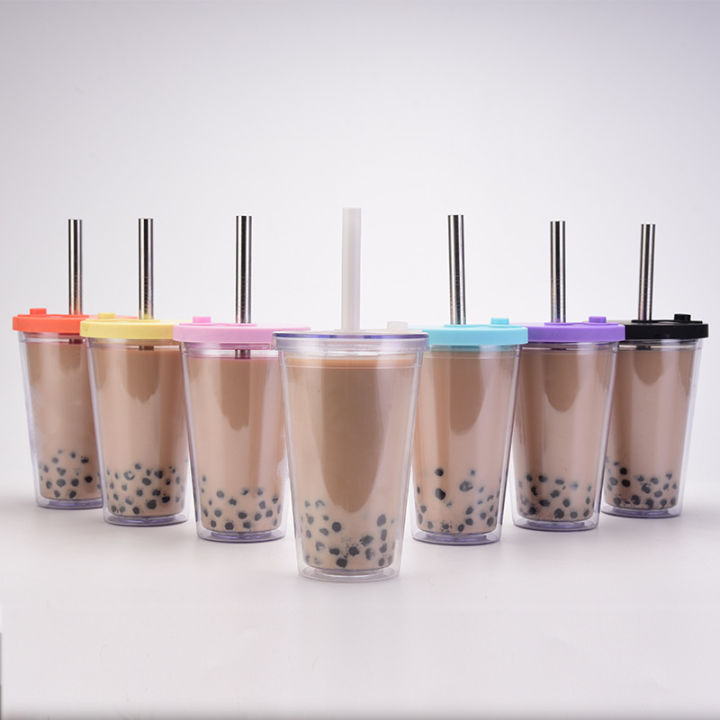 480ml 500ml 16oz Double Wall Plastic Bubble Tea Tumbler Cup Milk Tea ...