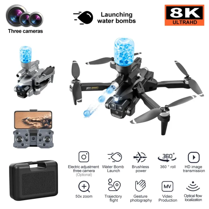 Three Camera Obstacle Avoidance Foldable Quadcopter K11 Max 8K Drone With Water Bombs ...
