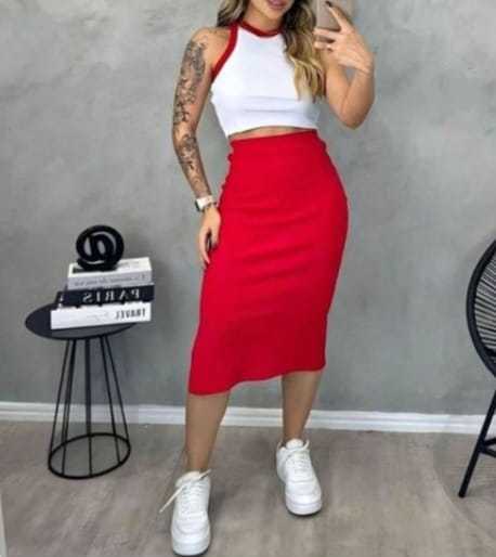 Shallow Collar Crop Top and Side Open Half Skirt / Top and Skirt Set ...