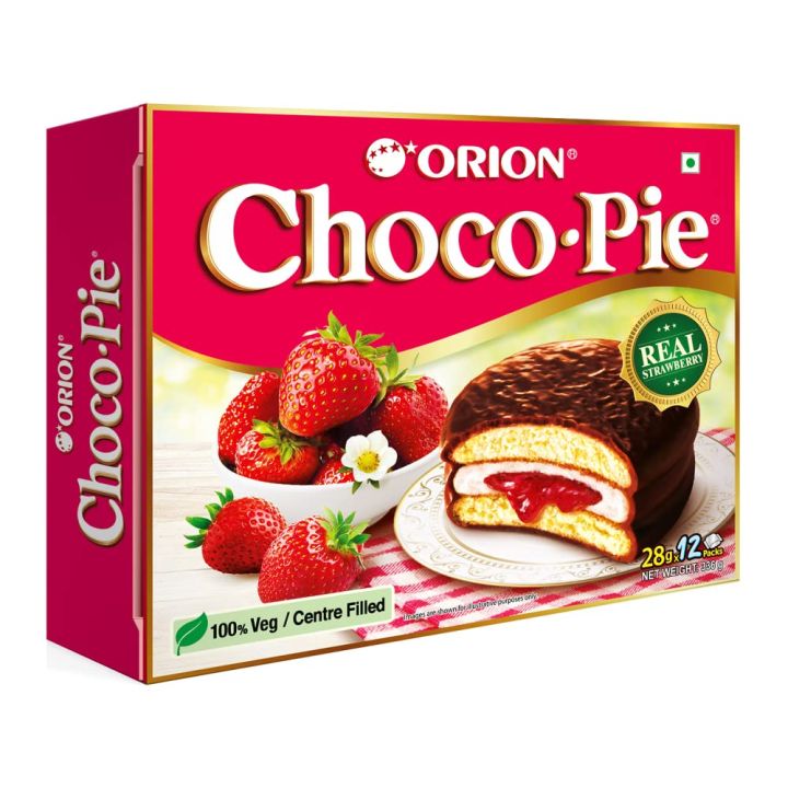ORION Strawberry Choco Pie (12 pies)| Centre-filled Chocolate biscuit ...