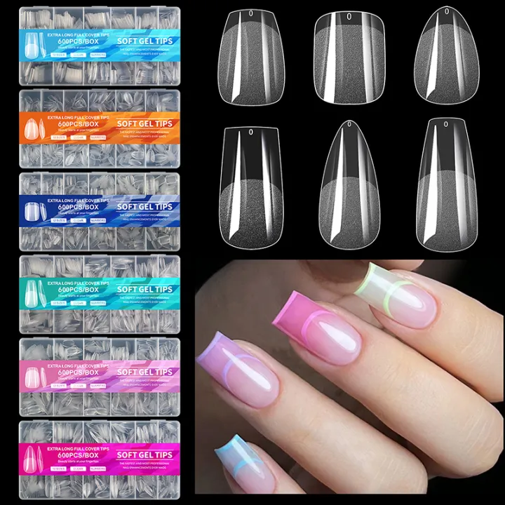 600Pcs/Box Fake Nails Semi-Matte Almond Coffin Full/Half Acrylic Square ...