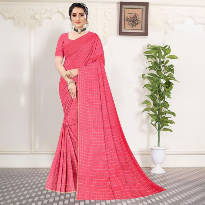 Premium Golden Check Cotton Saree with Blouse - Party and Festival Wear ...