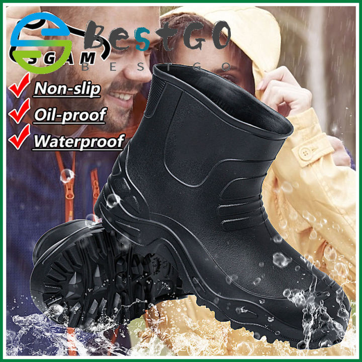 【BestGO】Mens Rubber Waterproof Rain Boots Wellies Wellington Ankle Slip ...