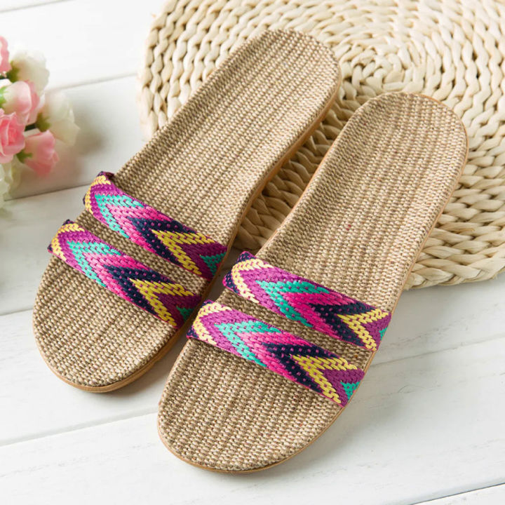 Home Indoor Slippers Open Up Mixed Colors Women Beach Linen Shoes 2024 ...