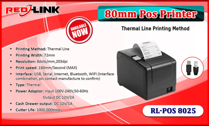 RedLink 80mm Thermal Receipt Printer ( POS Printer ) RL-POS-8025-U ...