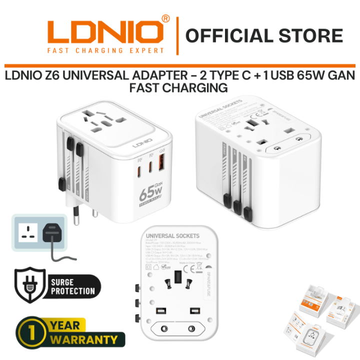 LDNIO Z6 Travel Adapter with 2 USB-C + 1 USB-A Ports 65W GaN Fast ...
