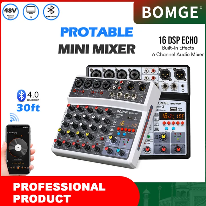 BOMGE 6 Channel 16 DSP Echo DJ Audio Mixer Interface Mixing Console Karaoke with MP3 USB, Stereo ...