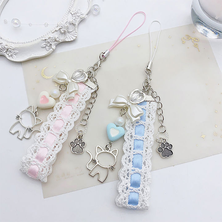 Y2K Sweet Lovely Lace Ribbon Cat Heart Pendant Phone Charm Lanyard Bag ...