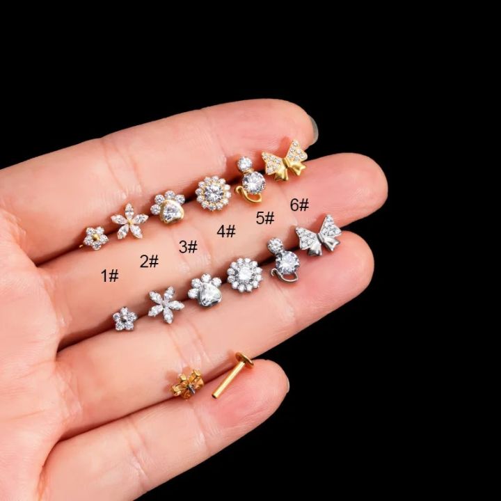 1Piece G23 Titanium Lip Stud Piercing 1.2*8mm Flat Back Zircon Flower ...
