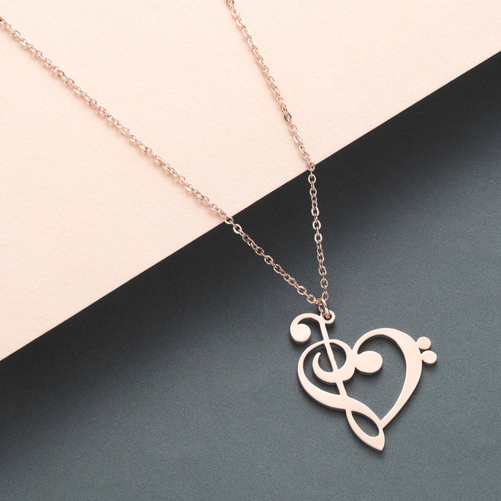 Kinitial Simple Design Treble and Bass Clef Heart Pendant Necklace ...