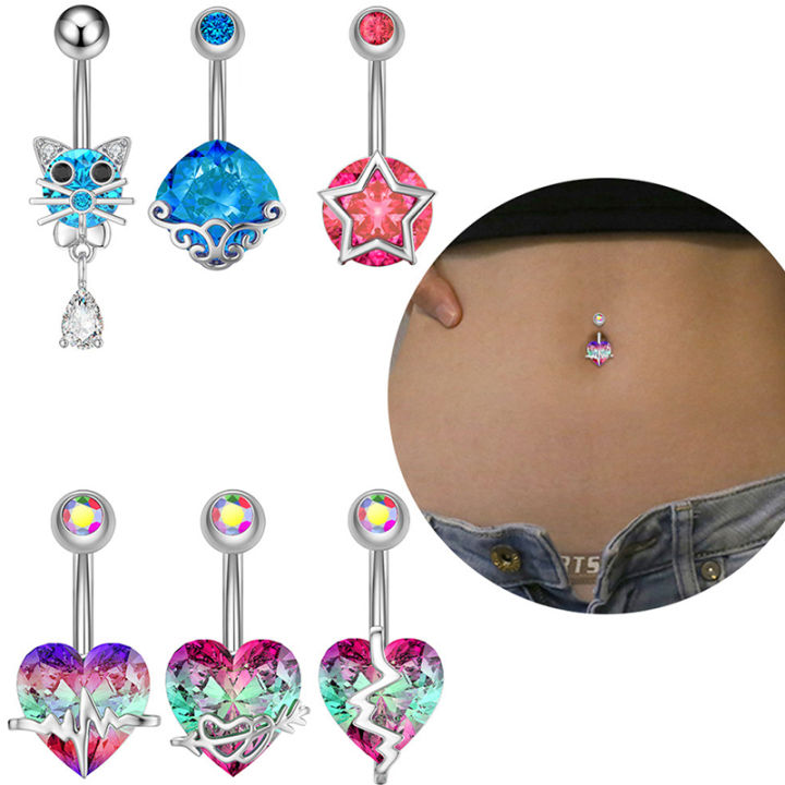 Steel Crystal Belly Button Rings Zircon Heart Navel Piercing Belly Button Piercing Navel Ring ...
