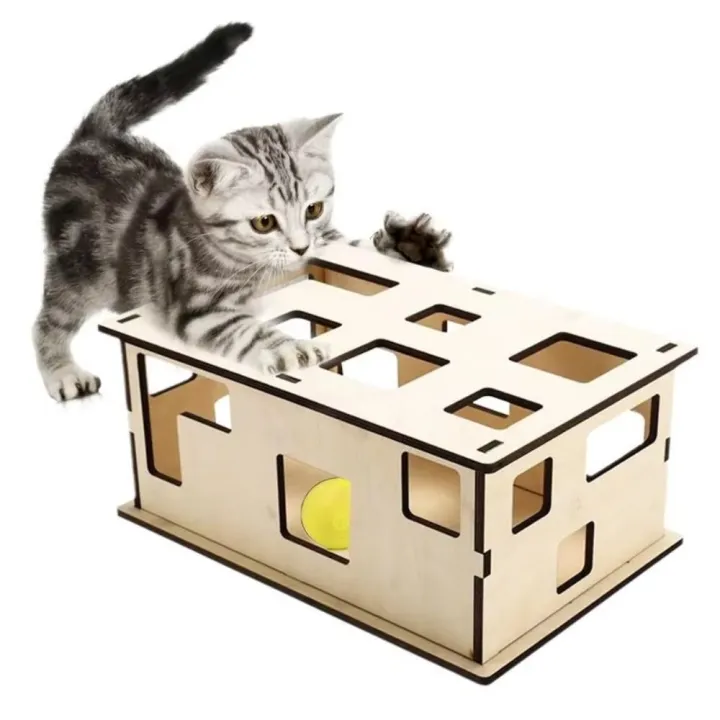 Stimulates Interactive Cat Educational Toy Box Scratching Board Wooden ...