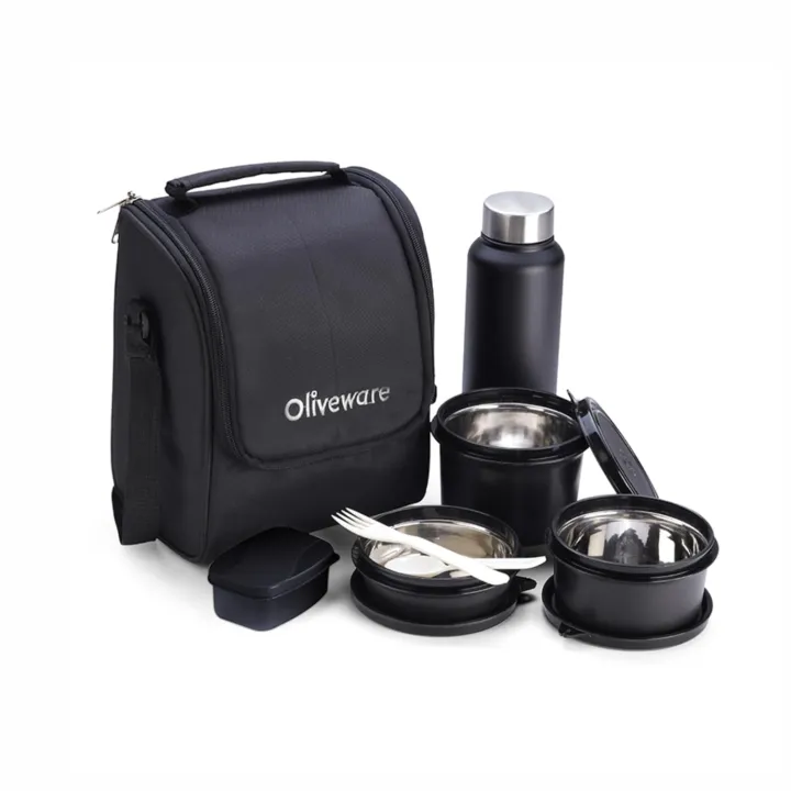 OLIVEWARE Executive Pro Lunch Box With Plastic Cutlery,3 Microwave Safe ...