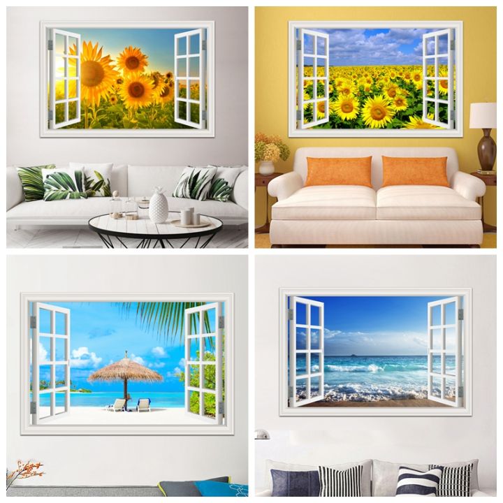 Sunflower Seaside 3D Window View Sticker Wall Art Vinyl Decal Summer ...