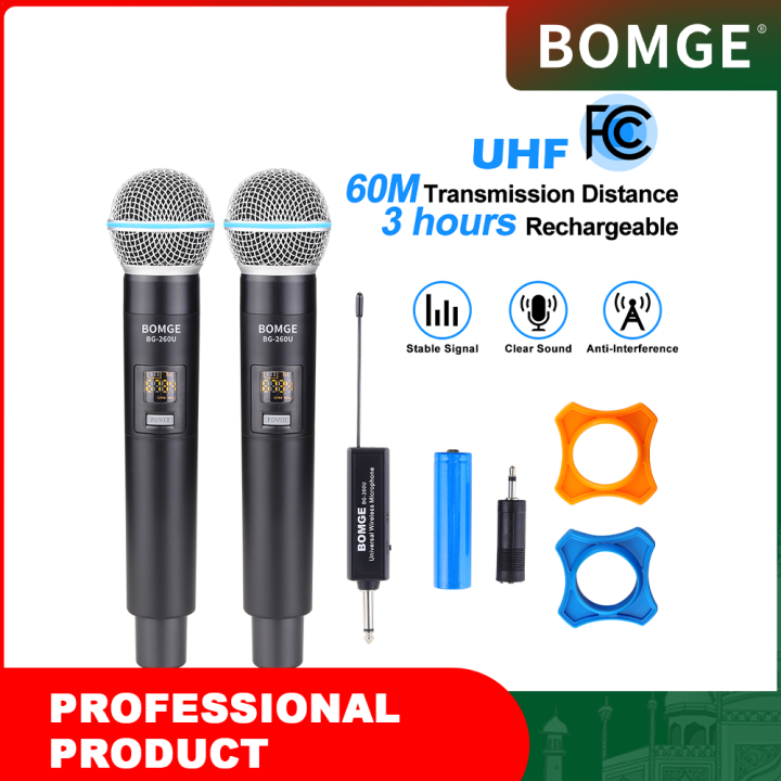 BOMGE UHF Dual Cordless Wireless Microphone System, 30 adjustable channels, , suitable for ...