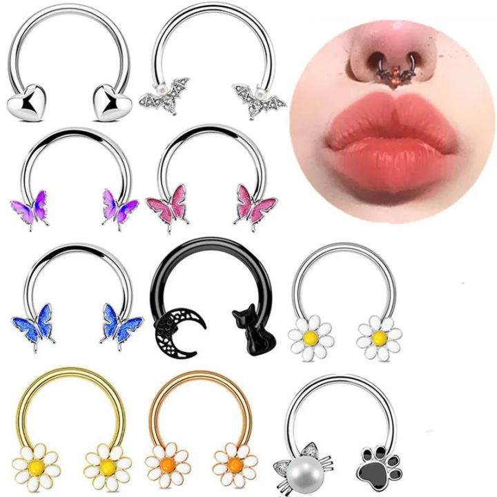 16G Butterfly Nose Ring Pearl Cat Septum Ring Bee Bat Septum Piercing ...