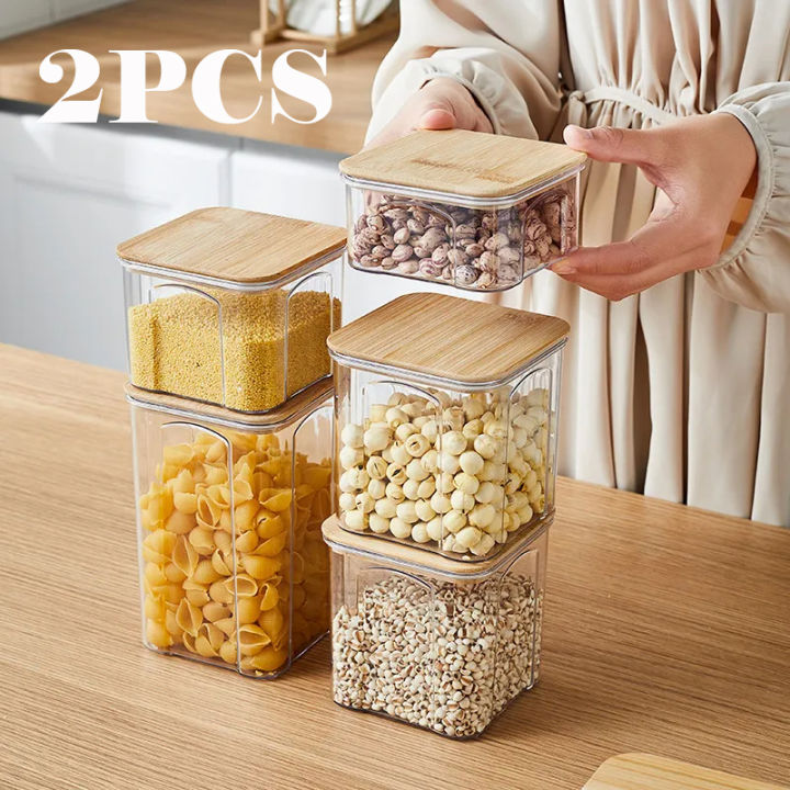 2PCS PET Plastic Food Storage Container with Bamboo Lid Sealed Jar ...