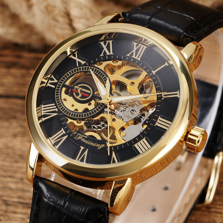 FORSINING Roman Numerals Leather Strap Hand Winding Mechanical Men ...
