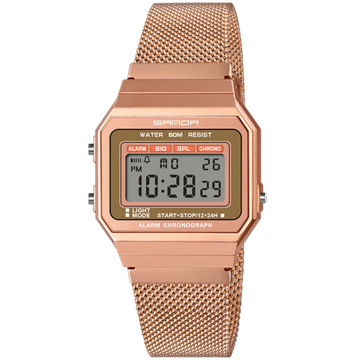 SANDA Rose Gold Women Luxury Watch Ultra-thin Steel LED Digital Watch ...