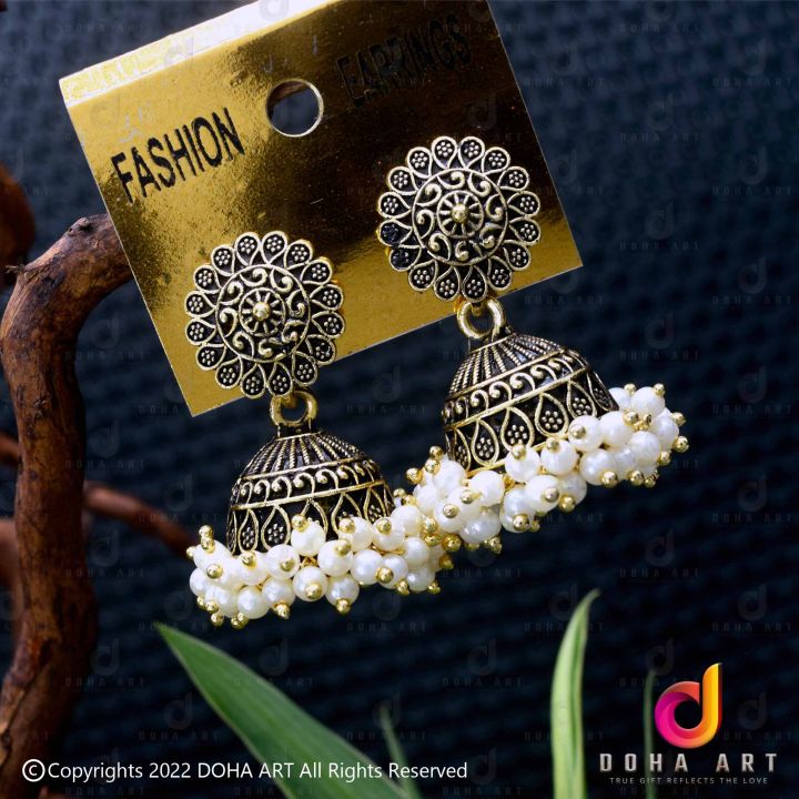 Dull gold Jummikki Earrings With White Pearl For Women Party Wedding ...