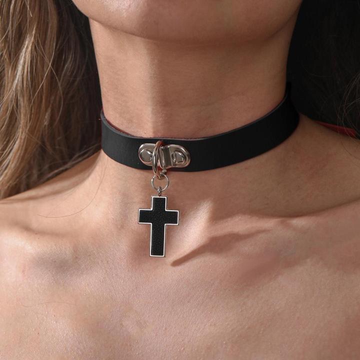 Vintage Gothic Black Cross PU Leather Necklace Round Charm Collar Rock ...