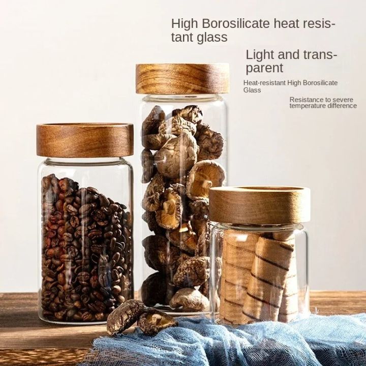 Acacia wood glass storage jar Kitchen storage orange peel multi-grain ...