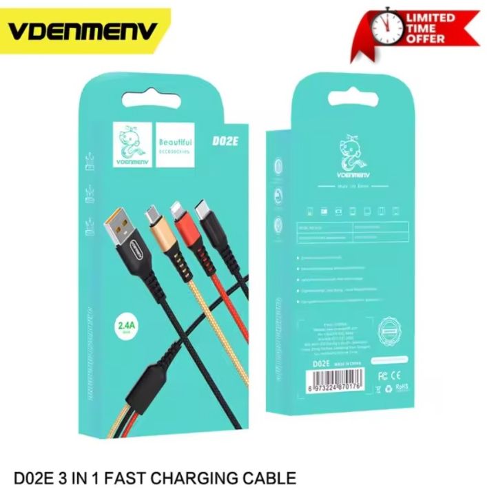 DENMEN D02E USB cable 3 in 1 for Lightning/Micro/Type C 2.4A 1.2m | Daraz.lk
