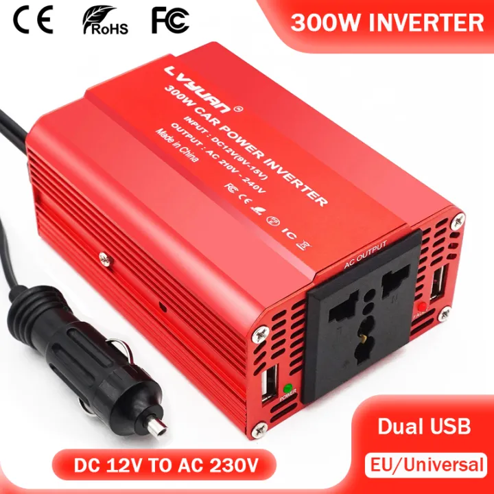 300W Peak DC 12V To AC 230V Power Inverter With 3.1A Dual USB EU ...