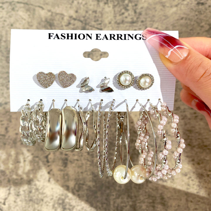 European and American New Earrings Set Creative Simple Earrings Suit 9 Pairs of Butterfly Peach ...