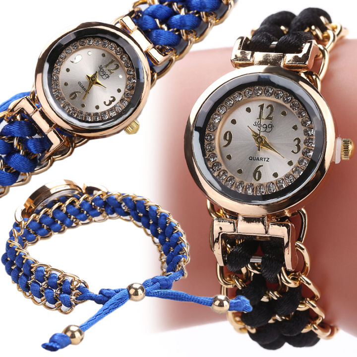 Fashion Rhinestone Braided Rope Band Watch Women Quartz Analog Watches ...