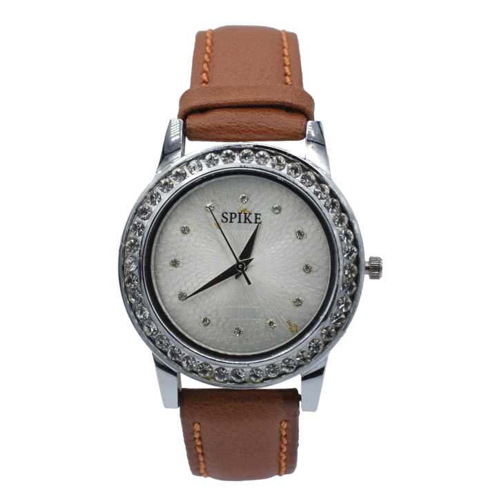 SPIKE STONE WITH SILVER DIAL BROWN COLOR STRAP LADIES WATCH | Daraz.lk